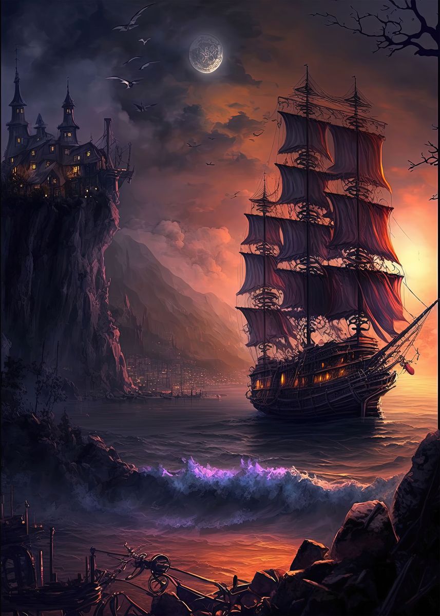 'Pirate ships landscape' Poster, picture, metal print, paint by Digital ...