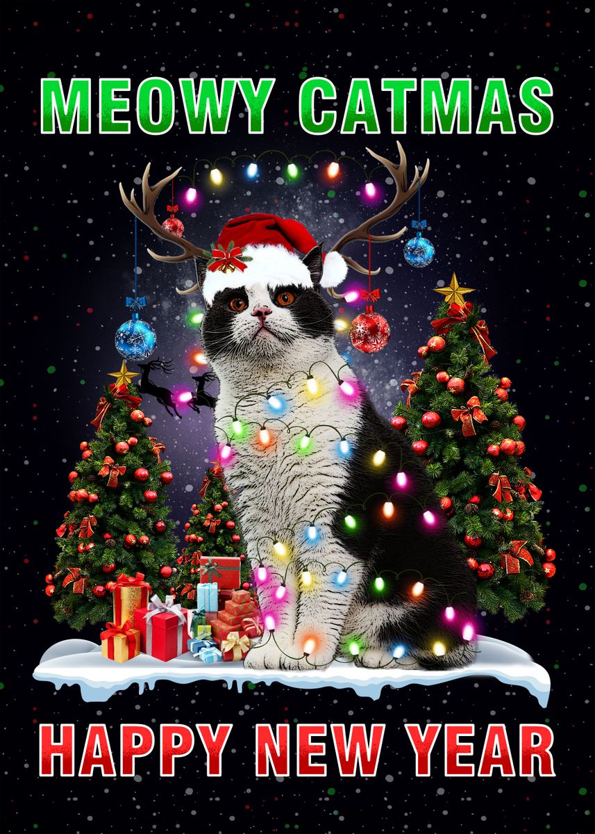 'Meowy Catmas' Poster, picture, metal print, paint by Ron Corkery ...