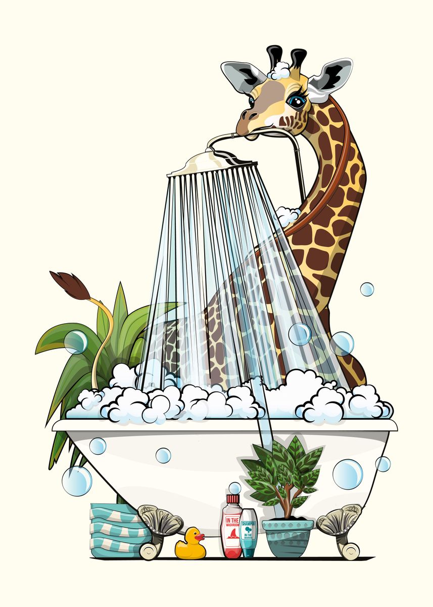 'Giraffe in the Shower' Poster, picture, metal print, paint by ...