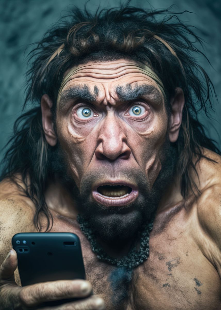 'Neanderthal And Smartphone' Poster, picture, metal print, paint by ...