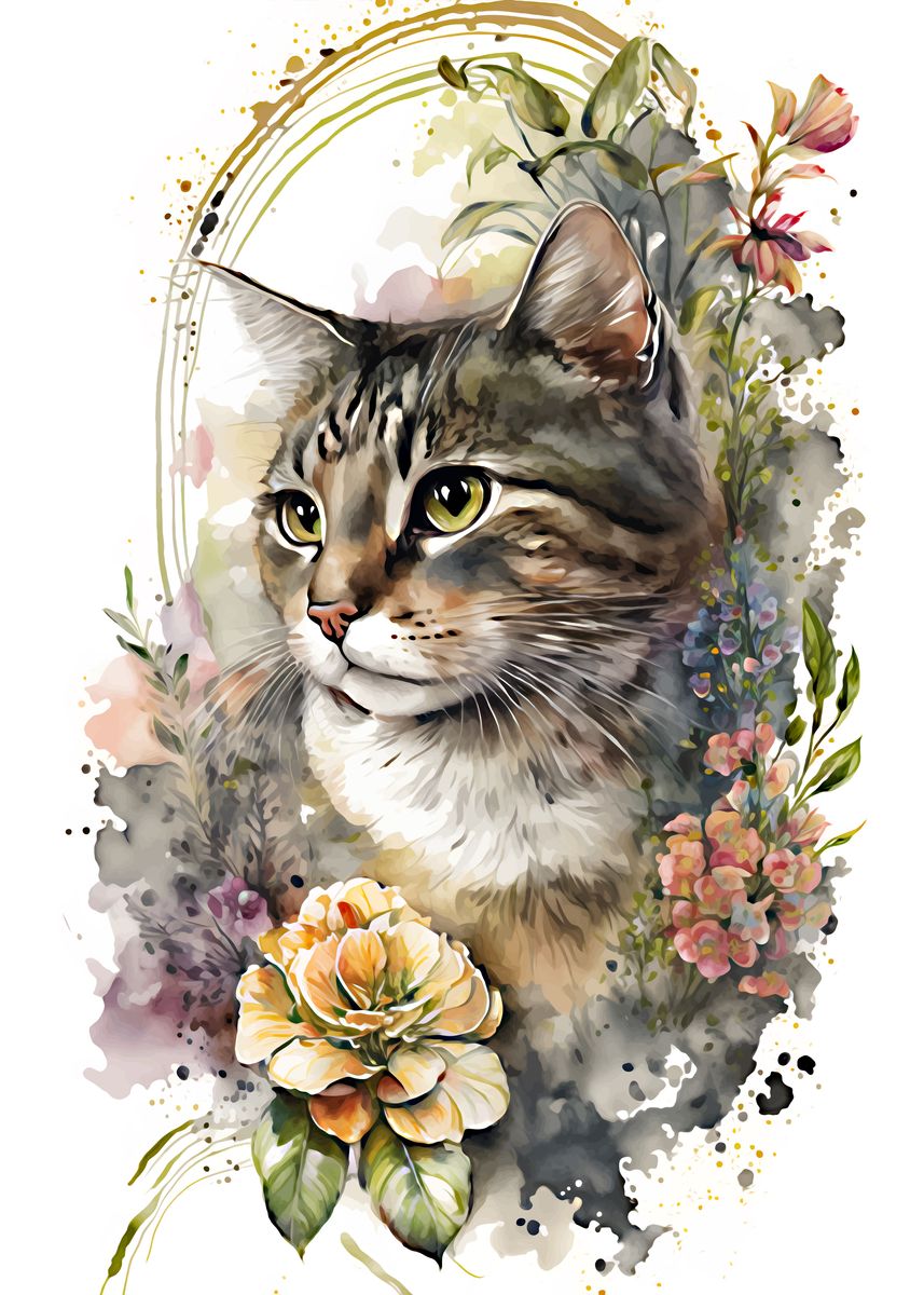 'watercolor floral cat' Poster, picture, metal print, paint by Mounier ...