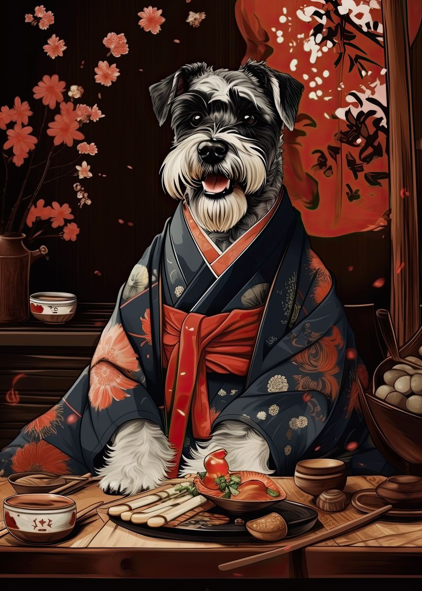 'Schnauzer Japanese Food' Poster, picture, metal print, paint by PetPrints | Displate