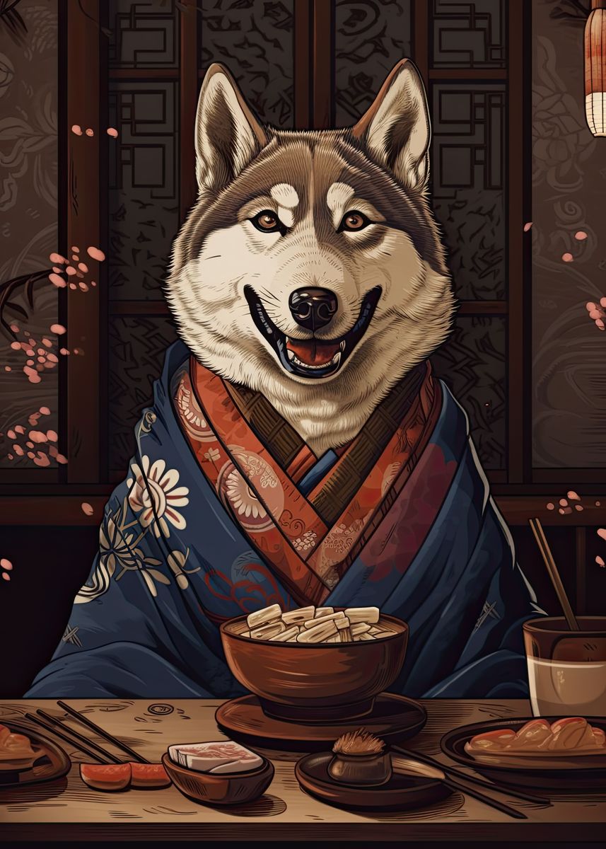 'Husky Dog Japanese Food ' Poster, picture, metal print, paint by ...
