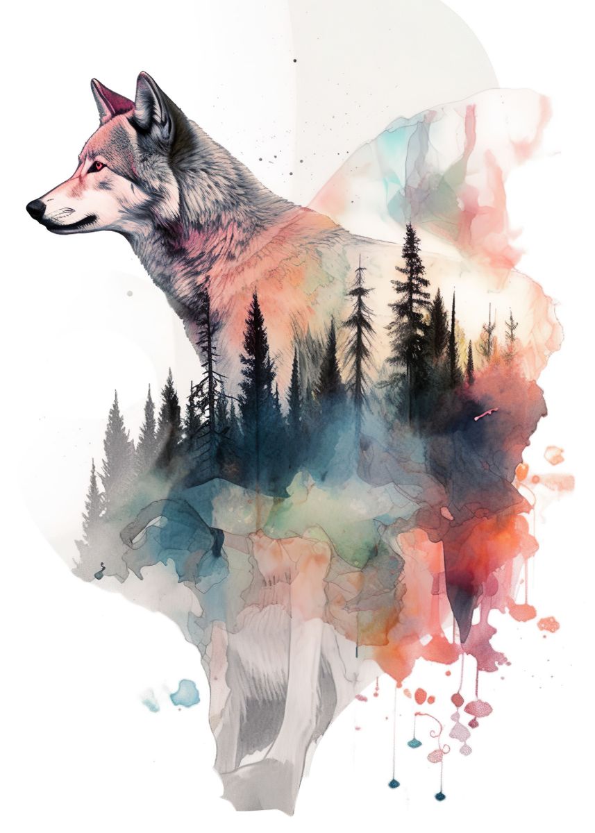 'Red Wolf' Poster, picture, metal print, paint by Teddy Verneuil | Displate