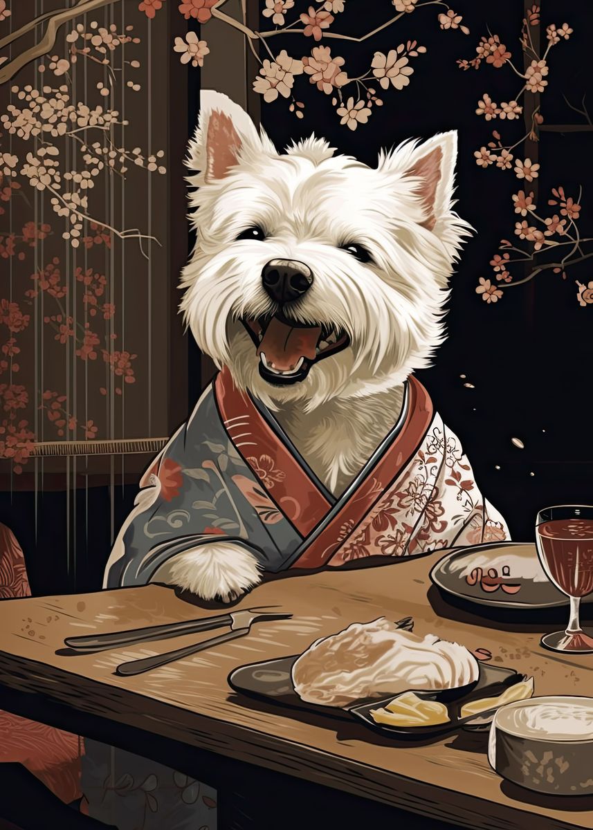 'Westie Dog Japanese Food ' Poster, picture, metal print, paint by PetPrints | Displate
