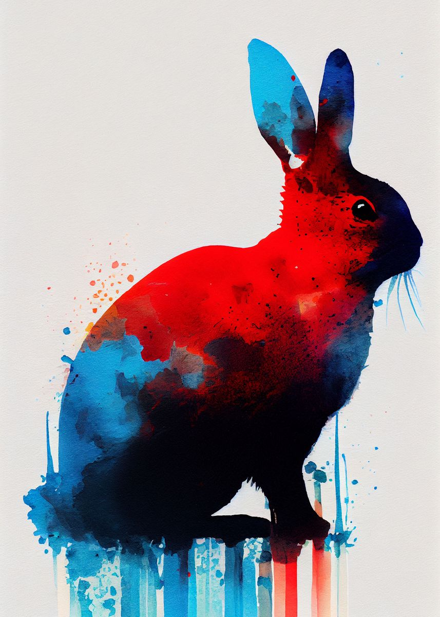 'Rabbit Blue Red' Poster, picture, metal print, paint by DecoyDesign ...