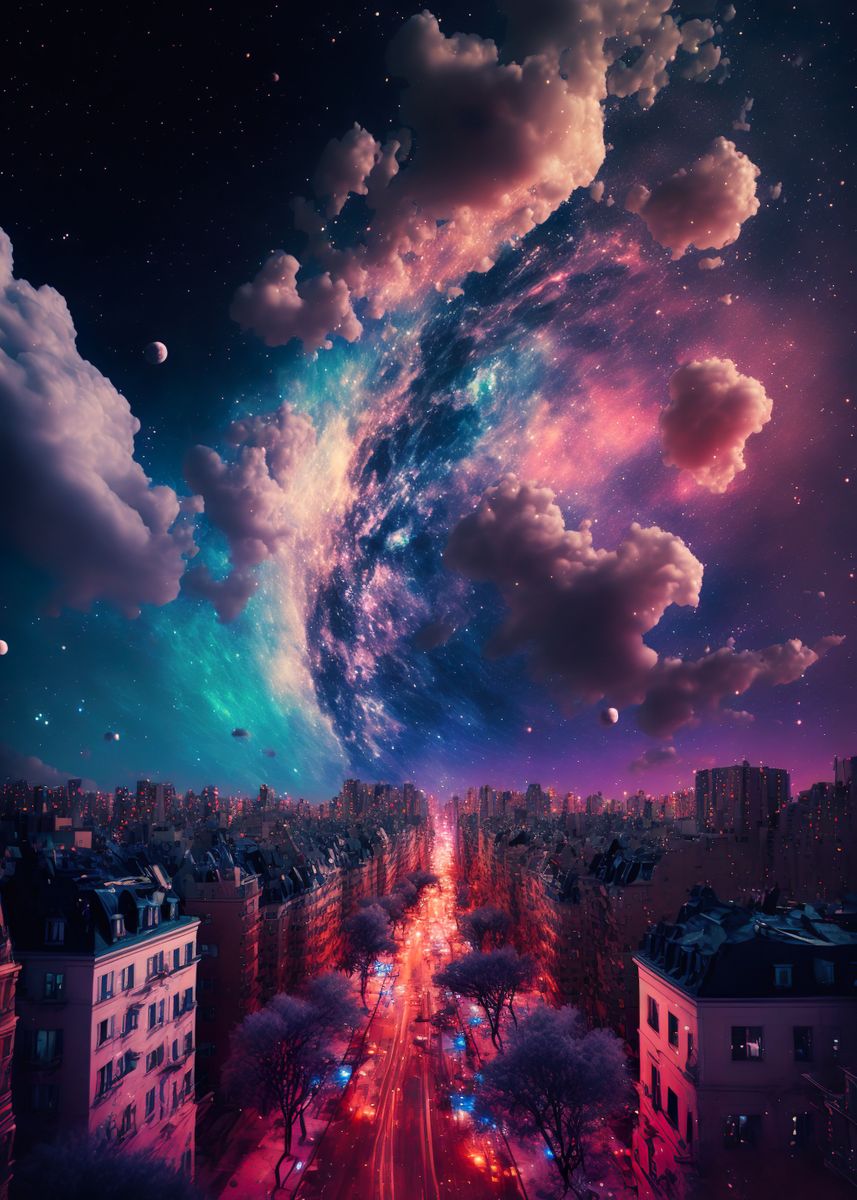 'Milky Way Sky over City' Poster, picture, metal print, paint by ...