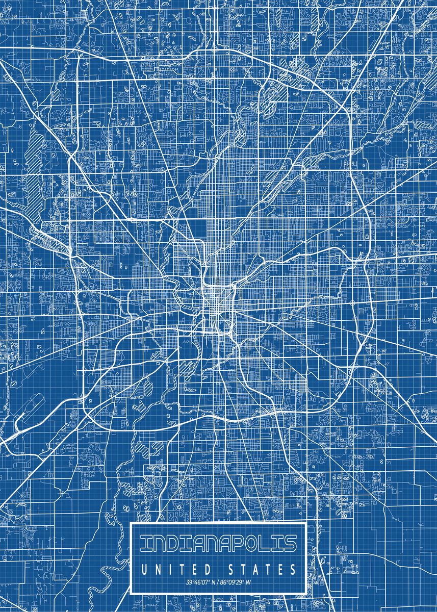 'Indianapolis Map Blueprint' Poster, picture, metal print, paint by ...