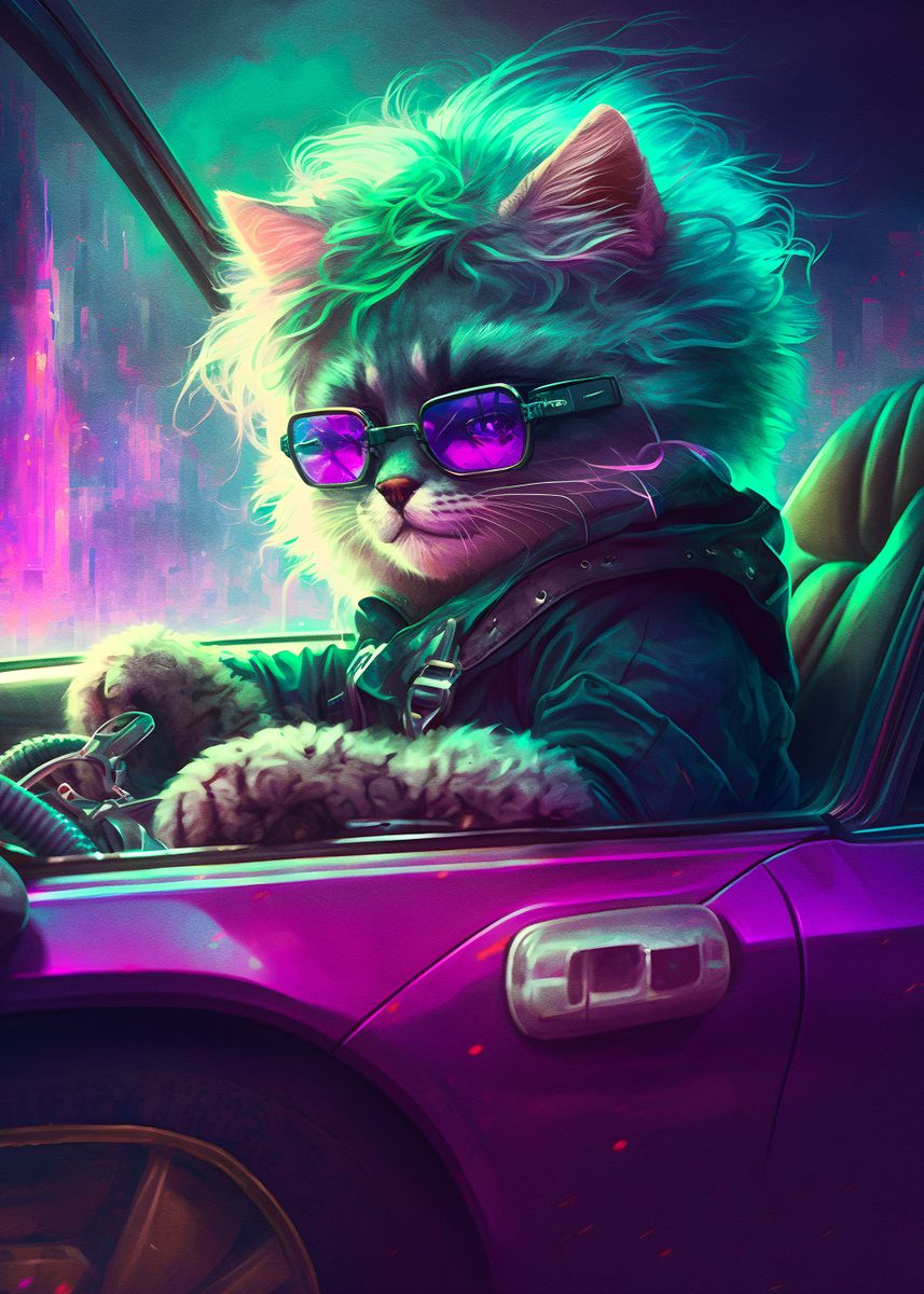 'Cat in sports car' Poster, picture, metal print, paint by Elz art ...