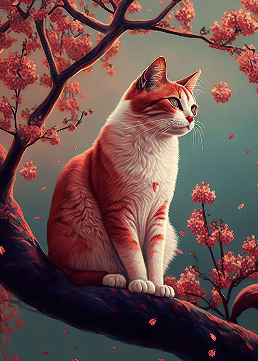 'cherry blossom cat' Poster, picture, metal print, paint by NeoRowe ...