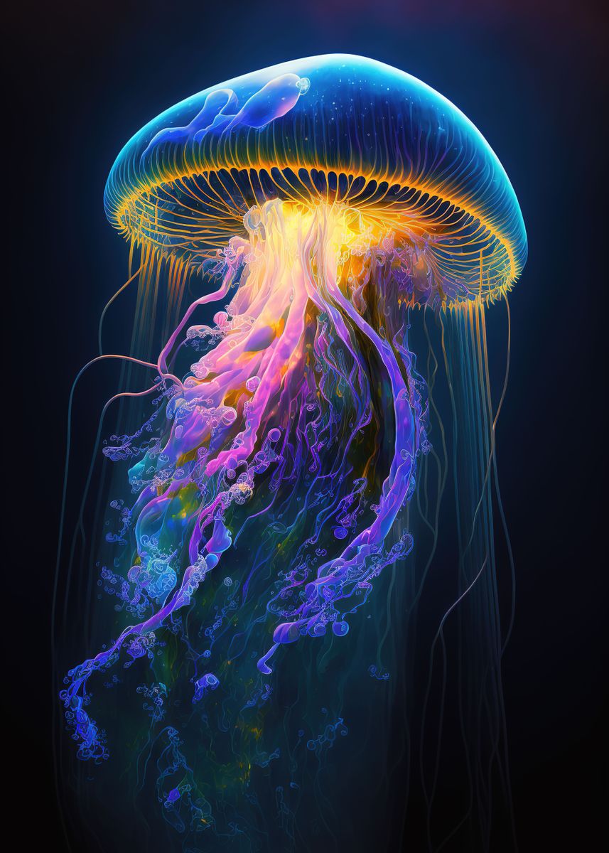 'neon jellyfish' Poster, picture, metal print, paint by Elysia | Displate