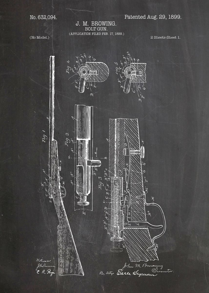 'bolt gun patent 1899' Poster, picture, metal print, paint by ...