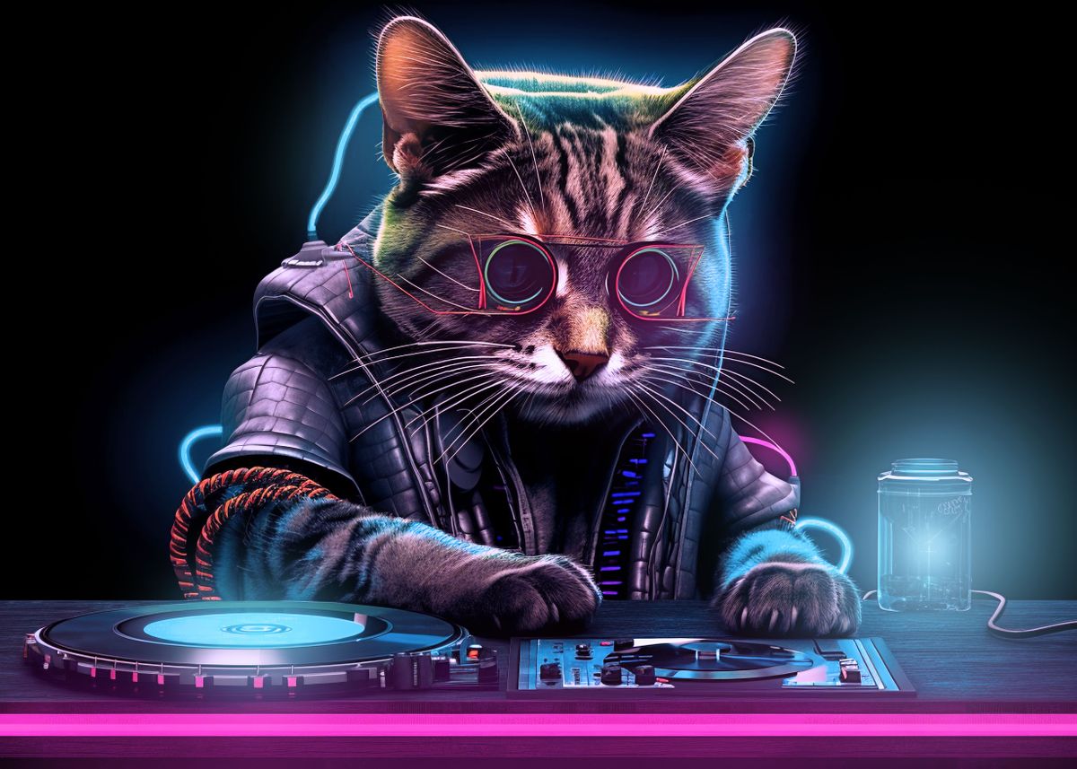 'Cute Cyberpunk cat DJ' Poster by Tapu Vlad | Displate