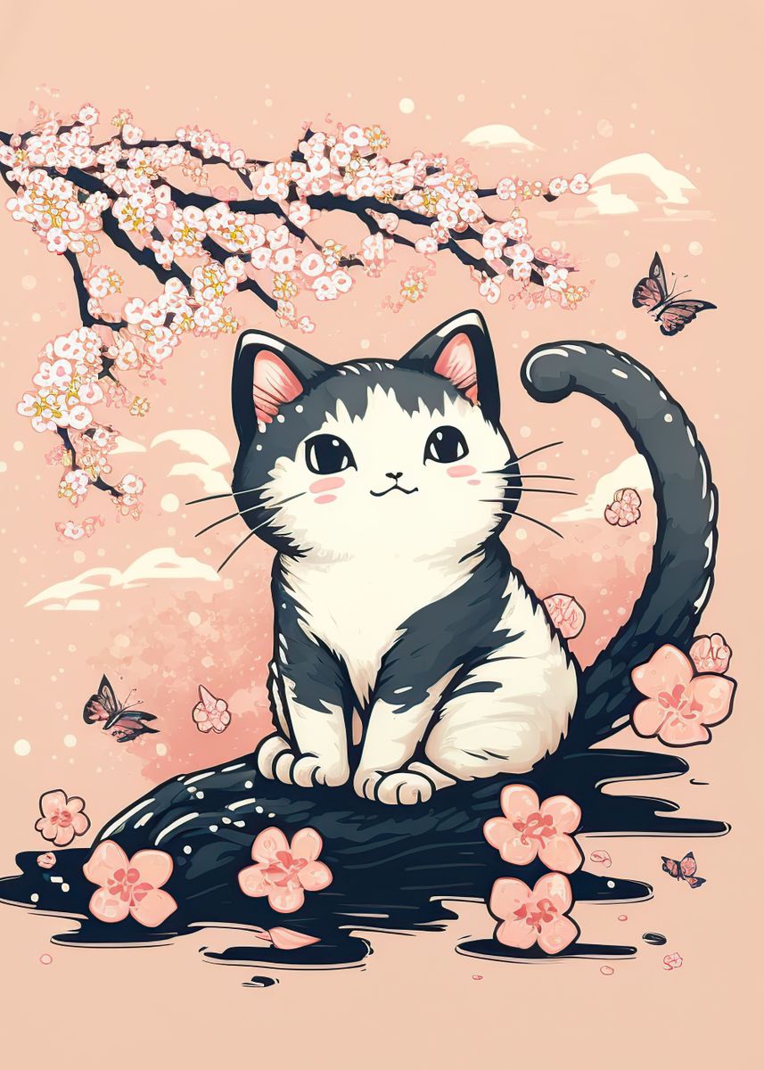 'Cat Cherry Blossoms' Poster, picture, metal print, paint by NeoRowe ...