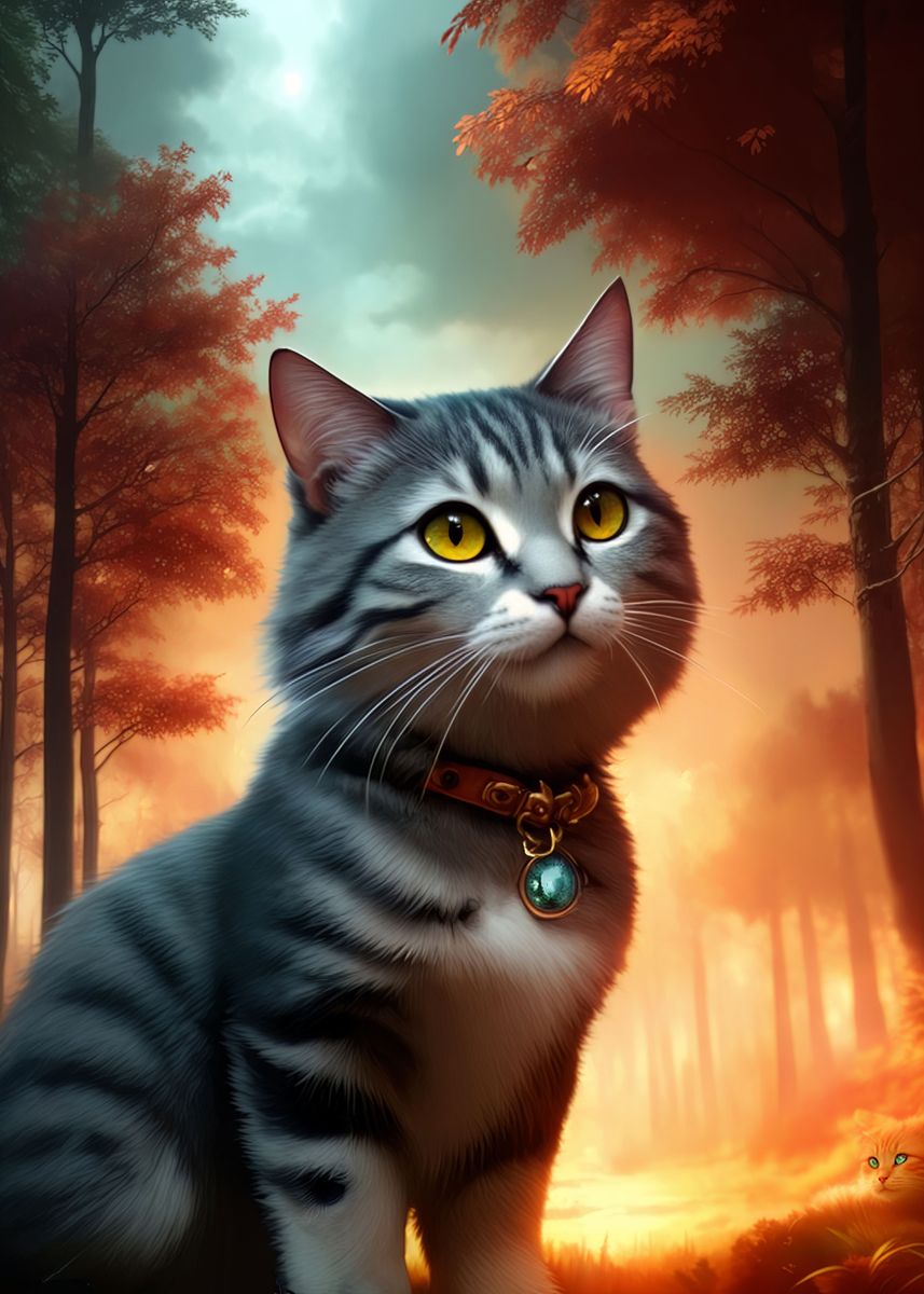 'Cat in the red forest' Poster, picture, metal print, paint by Rizky ...