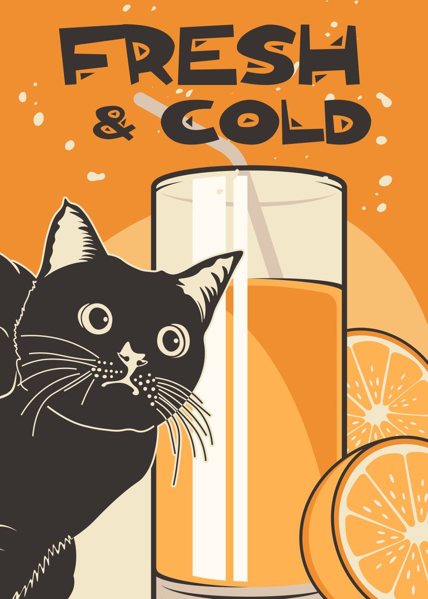 'Funny Cat and Juice ' Poster, picture, metal print, paint by XandYart ...