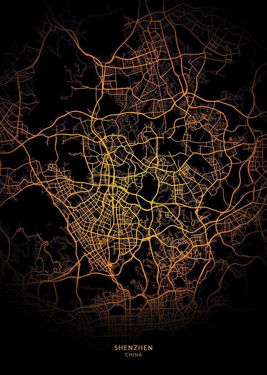 'Shenzhen City Map Gold' Poster, picture, metal print, paint by Trulaf ...