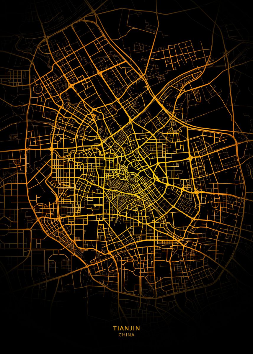 'Tianjin City Map Gold' Poster, picture, metal print, paint by Trulaf Design | Displate