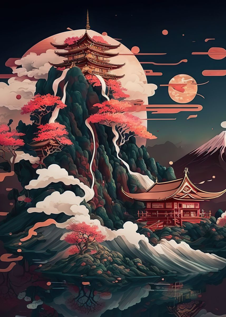 'japan moon landscape' Poster, picture, metal print, paint by Anime ...