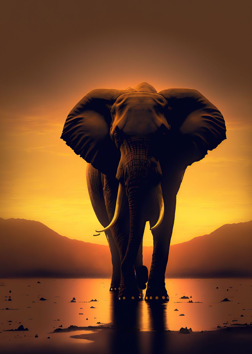 'Elephant sunset' Poster, picture, metal print, paint by Leigh Horne ...