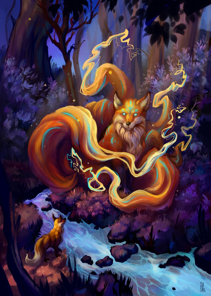 'Kitsune fox night forest' Poster, picture, metal print, paint by Hana ...