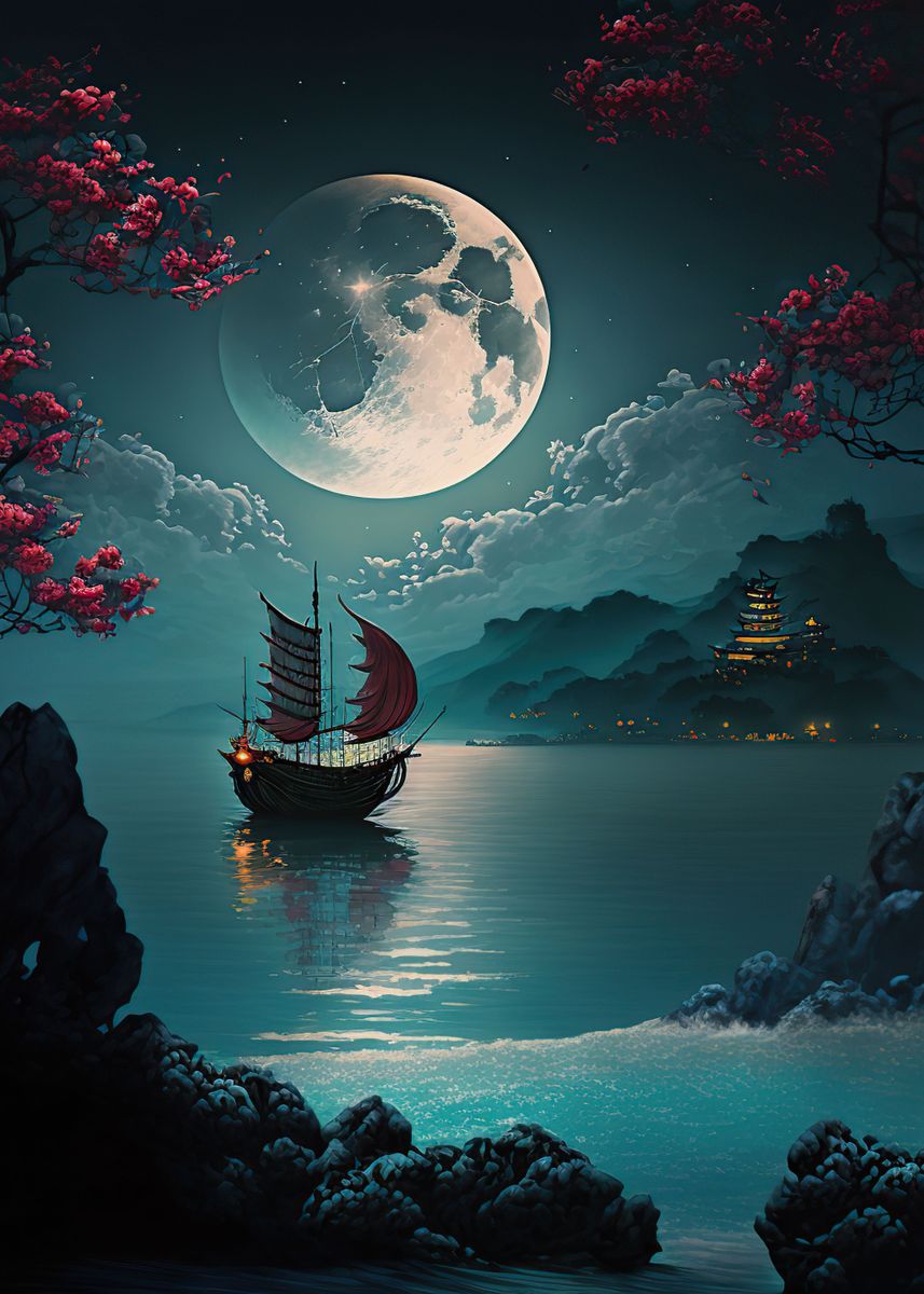 'boat moon landscape' Poster, picture, metal print, paint by Philippa ...