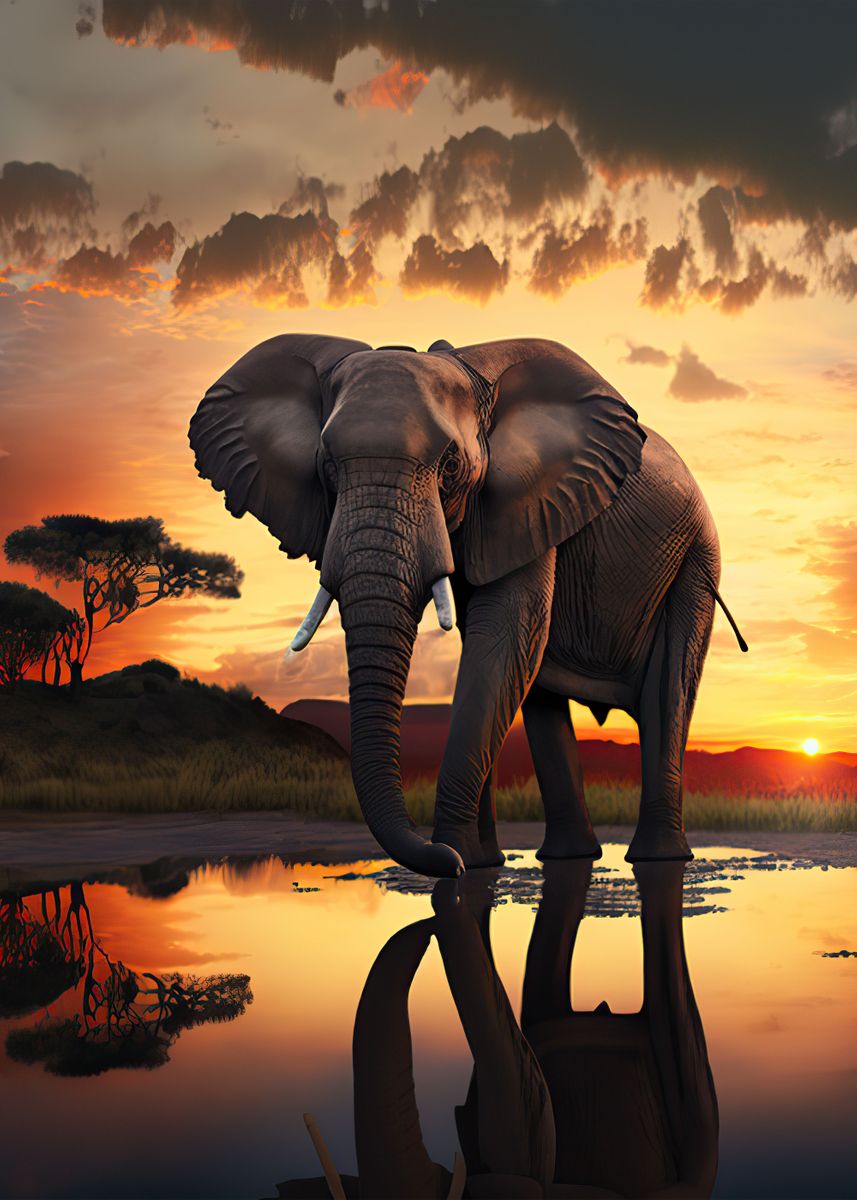 'Elephant sunset' Poster, picture, metal print, paint by Leigh Horne ...