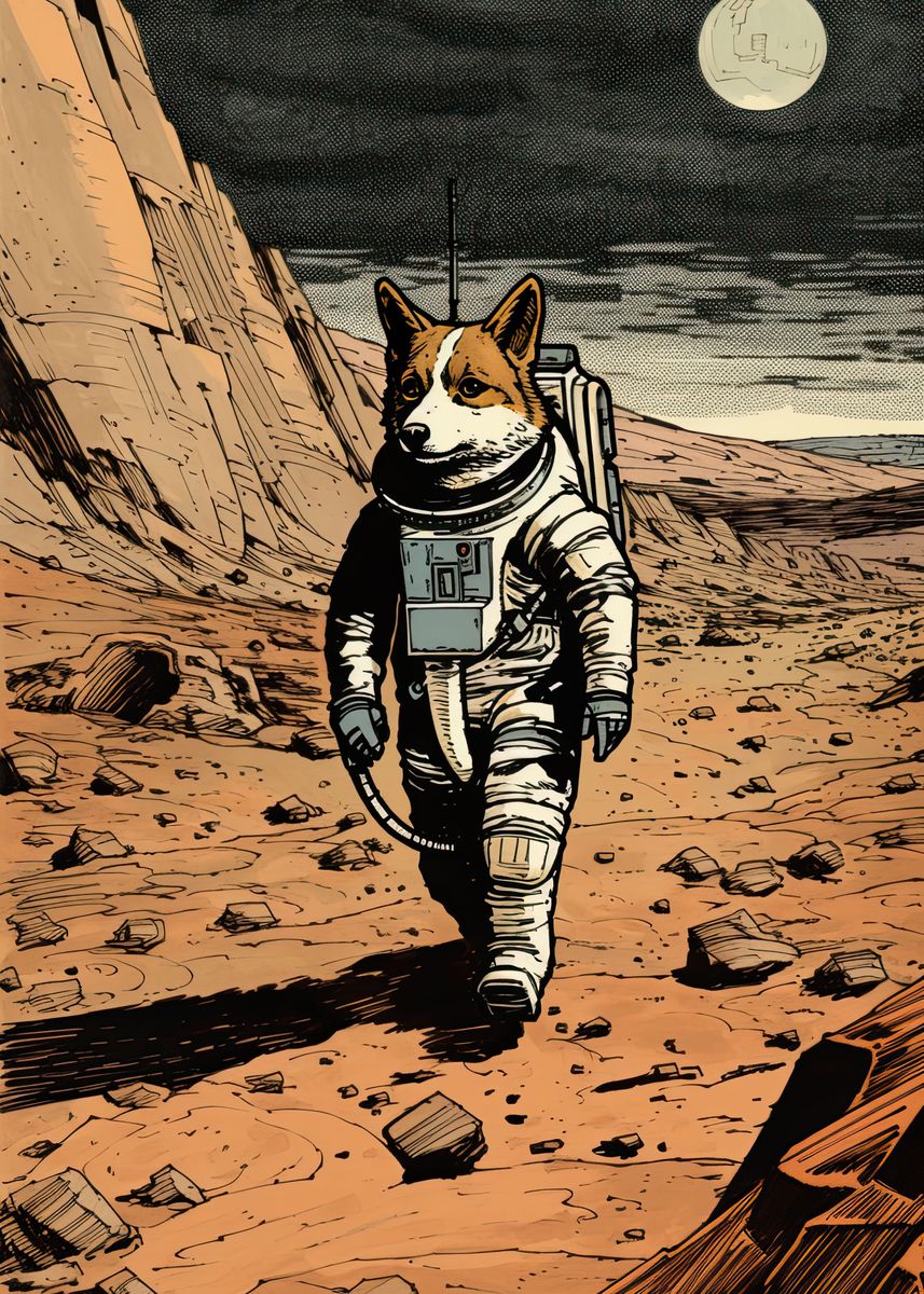 'Corgi Astronaut On Mars' Poster, picture, metal print, paint by PetPrints | Displate