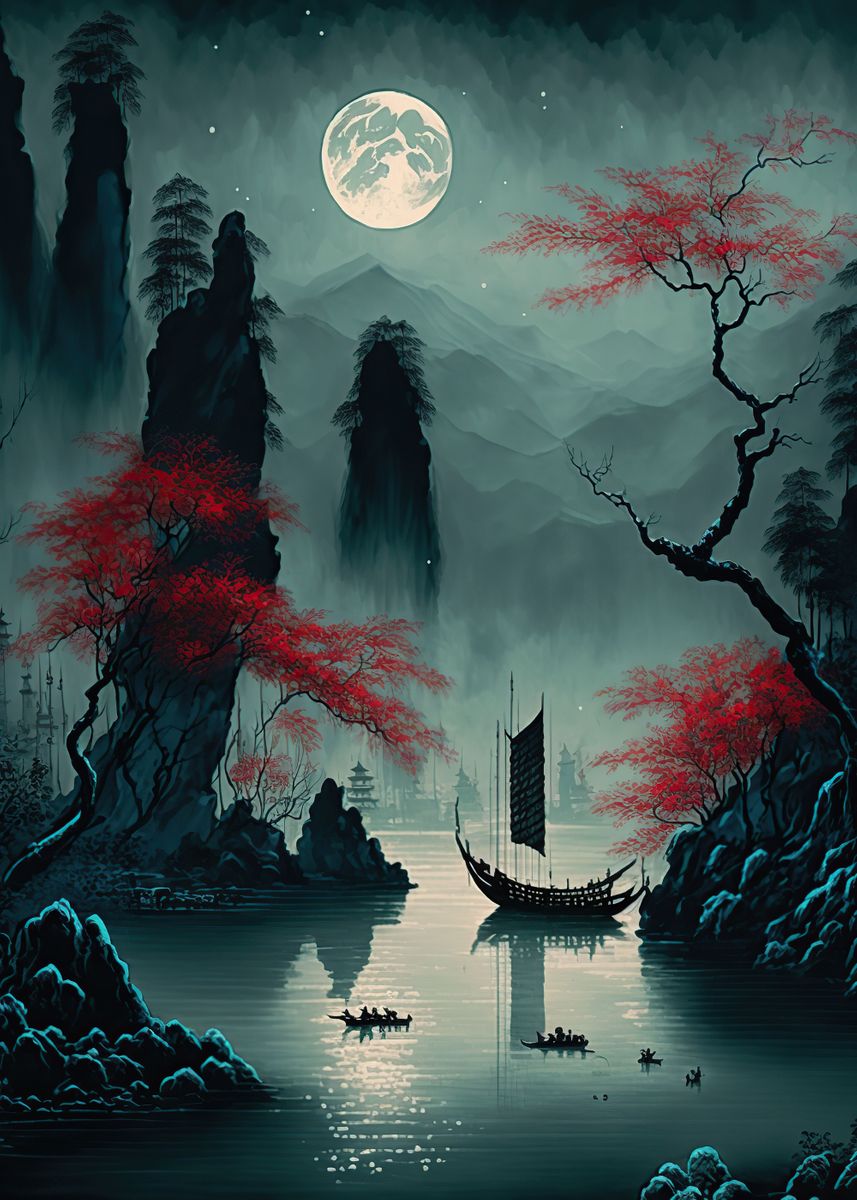 'boat moon landscape' Poster, picture, metal print, paint by Philippa ...