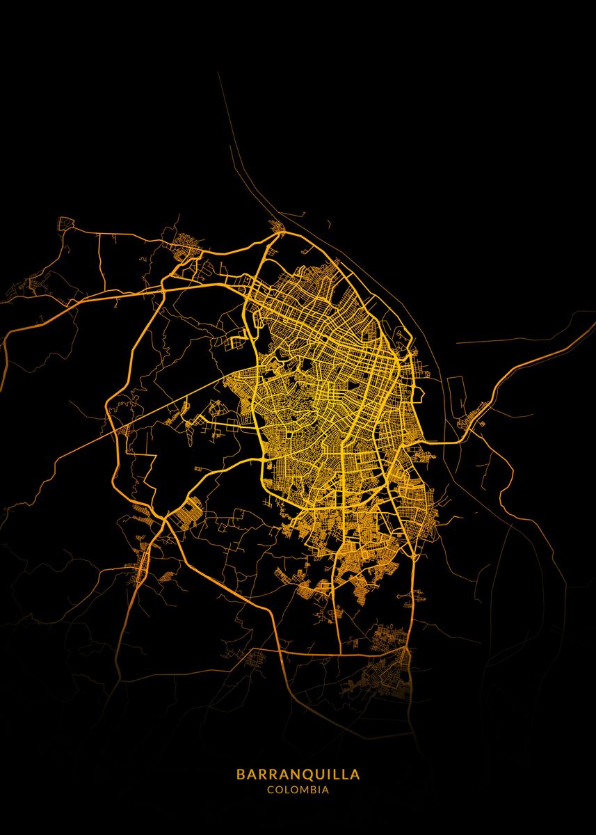 'Barranquilla City Map Gold' Poster, picture, metal print, paint by ...