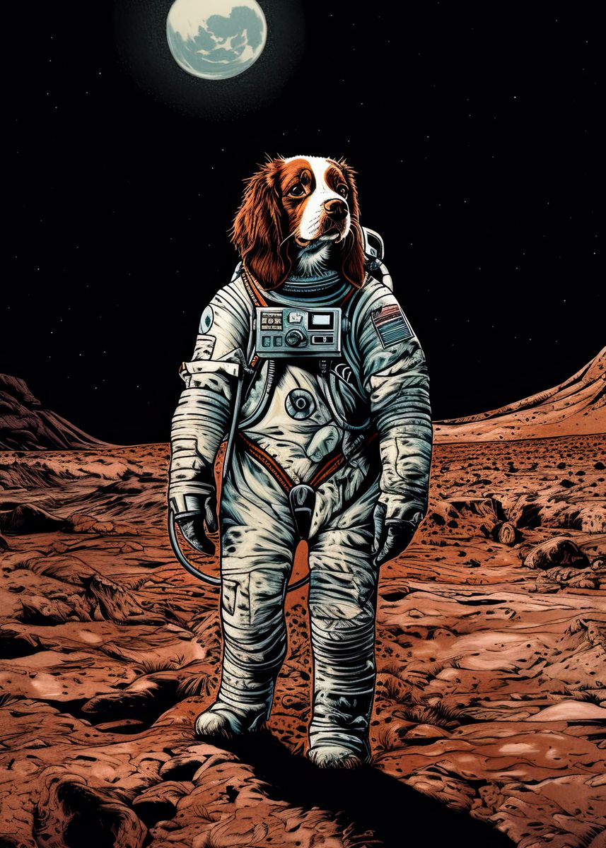 'Brittany Spaniel On Mars' Poster, picture, metal print, paint by PetPrints | Displate