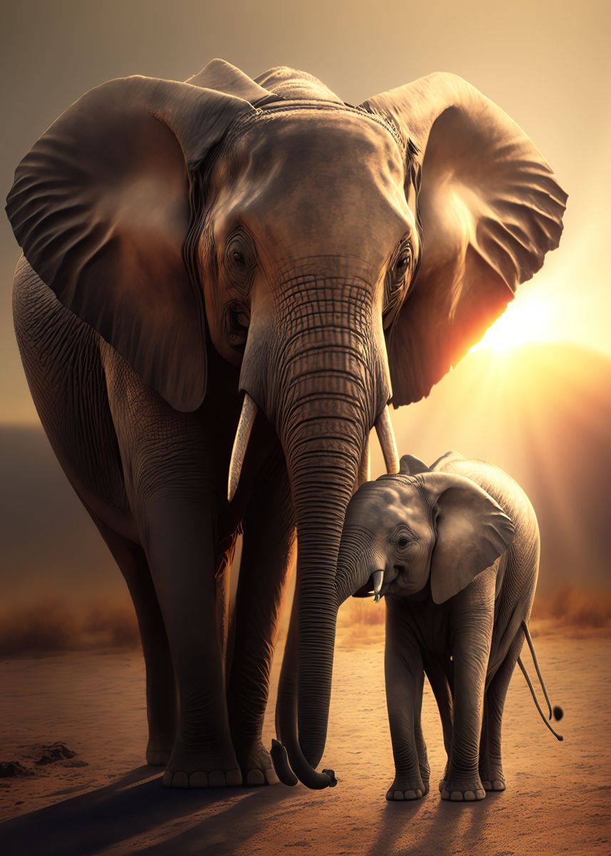 'Elephant sunset' Poster, picture, metal print, paint by Leigh Horne ...