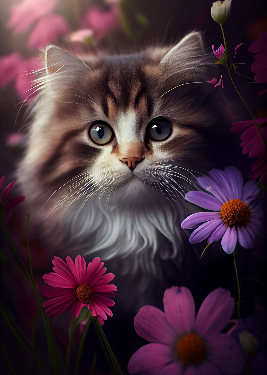 'Cat Flower' Poster, picture, metal print, paint by DecoyDesign | Displate