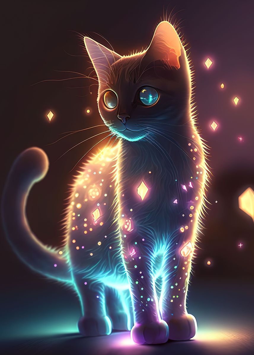 'Neon Cat' Poster, picture, metal print, paint by deidrera cheal | Displate