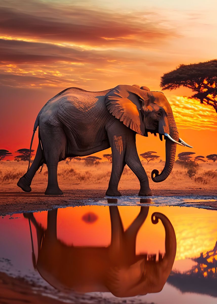 'Elephant sunset' Poster, picture, metal print, paint by Leigh Horne ...