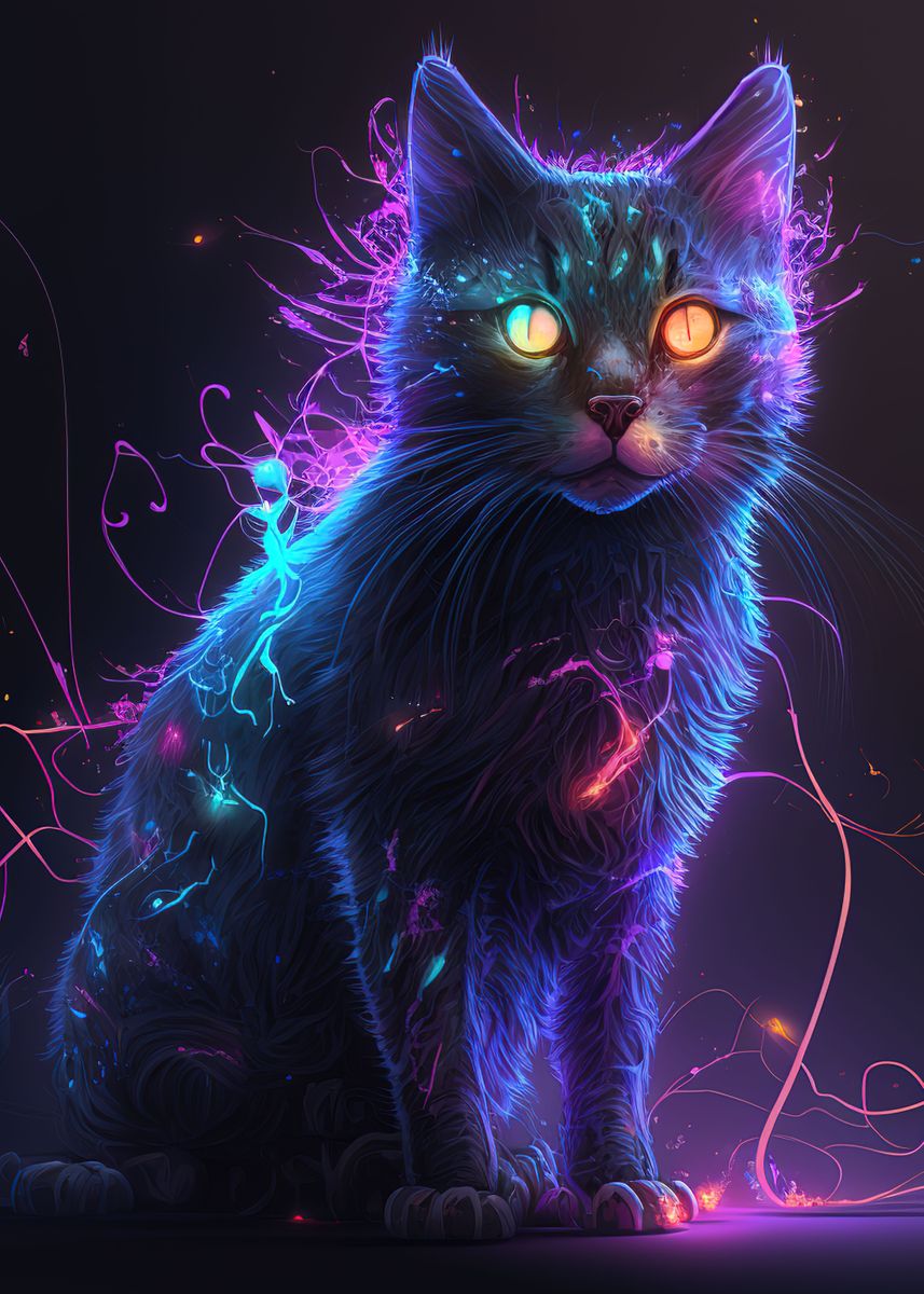 'Neon Cat' Poster, picture, metal print, paint by deidrera cheal | Displate