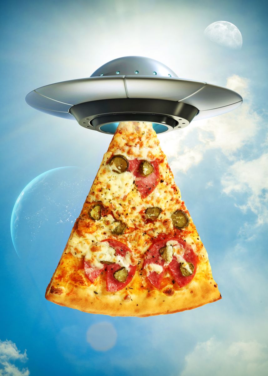 'UFO abducting pizza slice' Poster, picture, metal print, paint by ...
