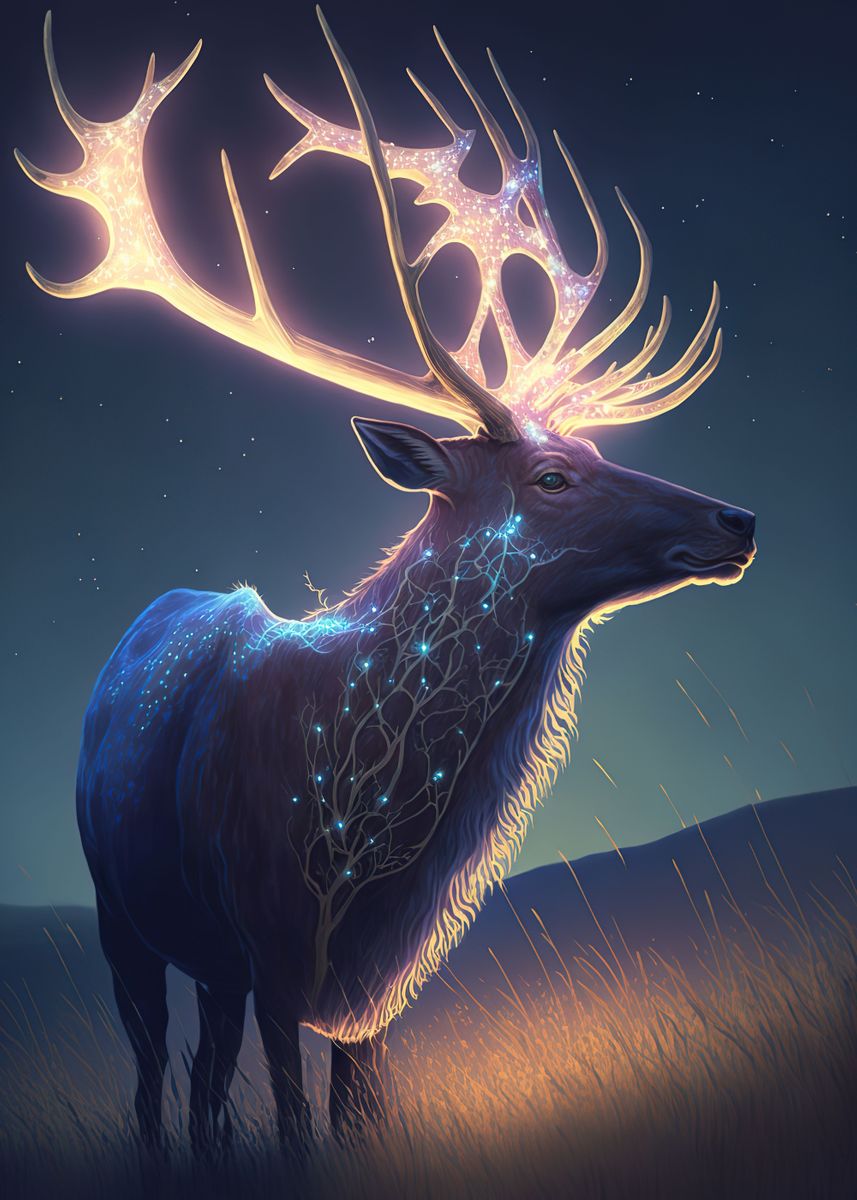 'glow elk animal' Poster, picture, metal print, paint by Eudora | Displate