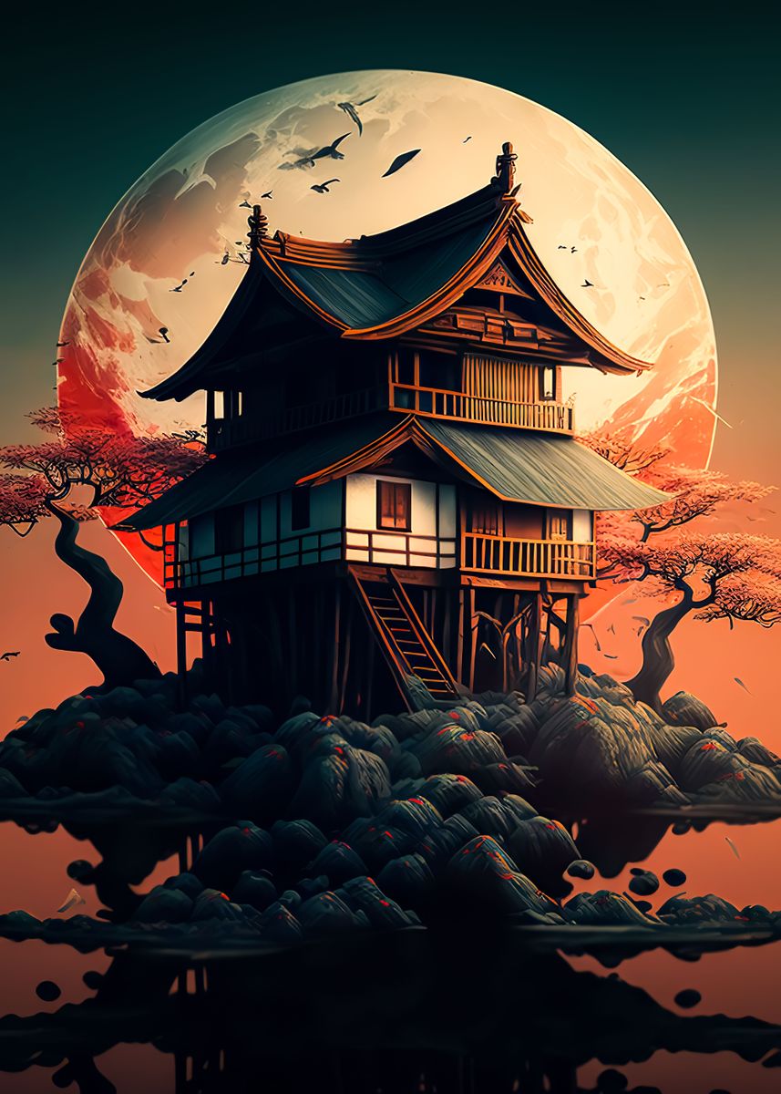 'japan moon landscape ' Poster, picture, metal print, paint by Anime ...
