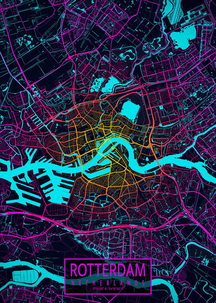 'Rotterdam City Map Neon' Poster, picture, metal print, paint by deMAP ...