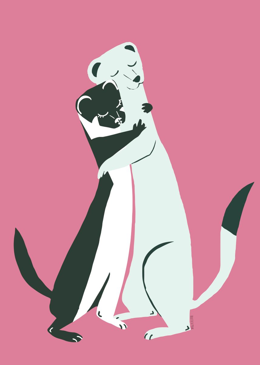 'Weasel hugs in pink' Poster, picture, metal print, paint by Belette Le Pink | Displate