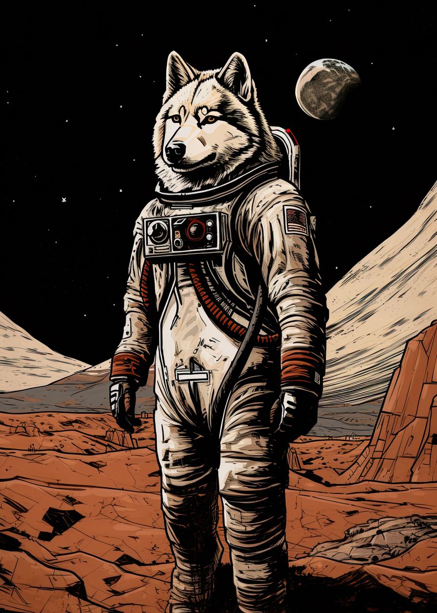 'Husky Astronaut On Mars' Poster, picture, metal print, paint by ...