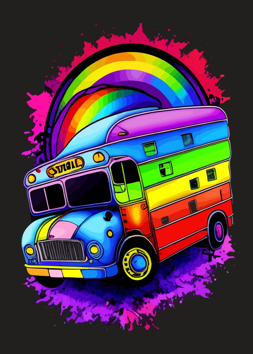 'Rainbow School Bus' Poster, picture, metal print, paint by Arthur Yosh ...