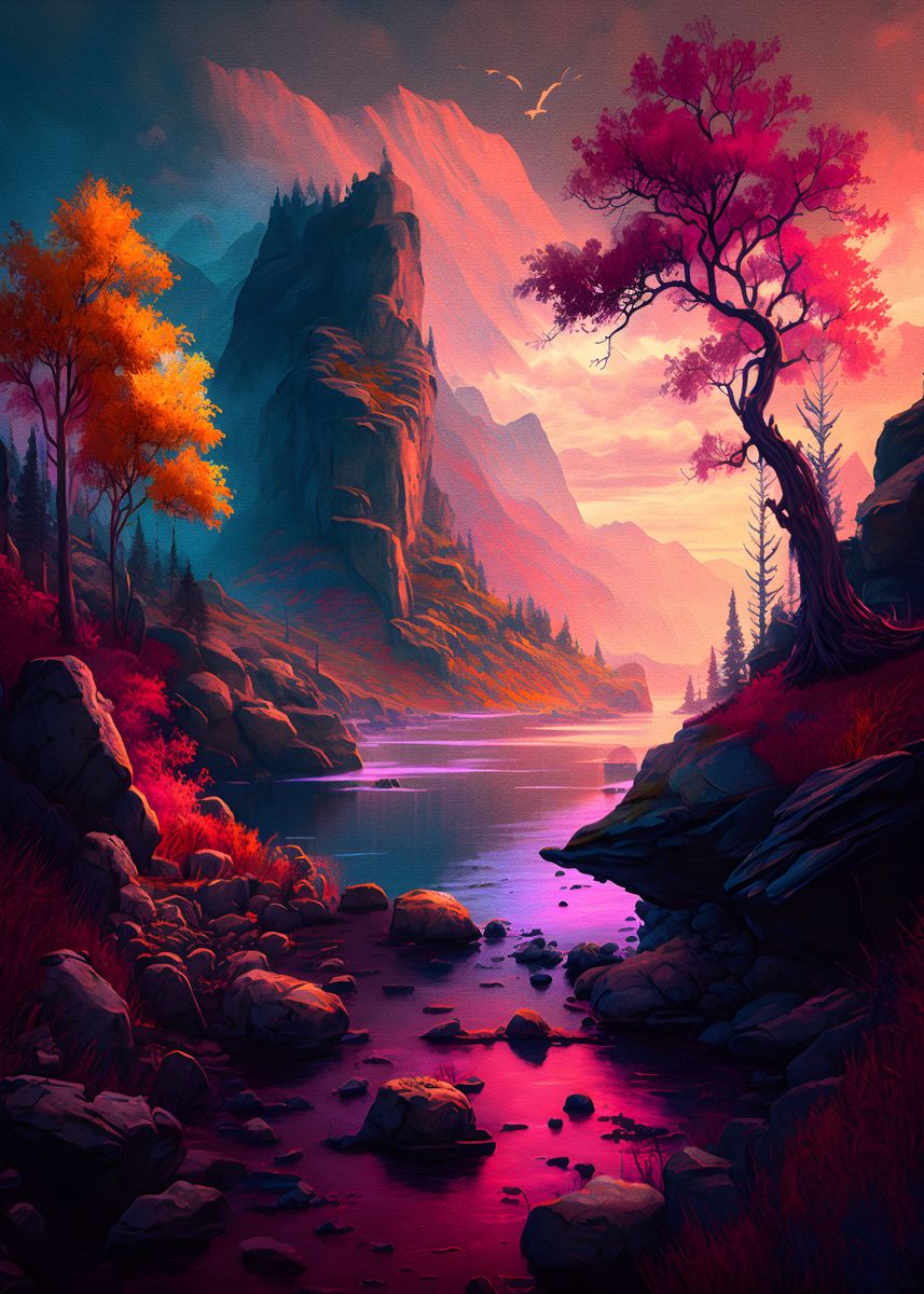 'Beautiful River and trees' Poster, picture, metal print, paint by ...