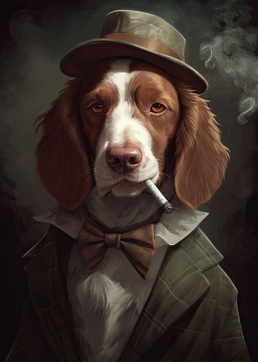'Brittany Spaniel Gangster' Poster, picture, metal print, paint by PetPrints | Displate