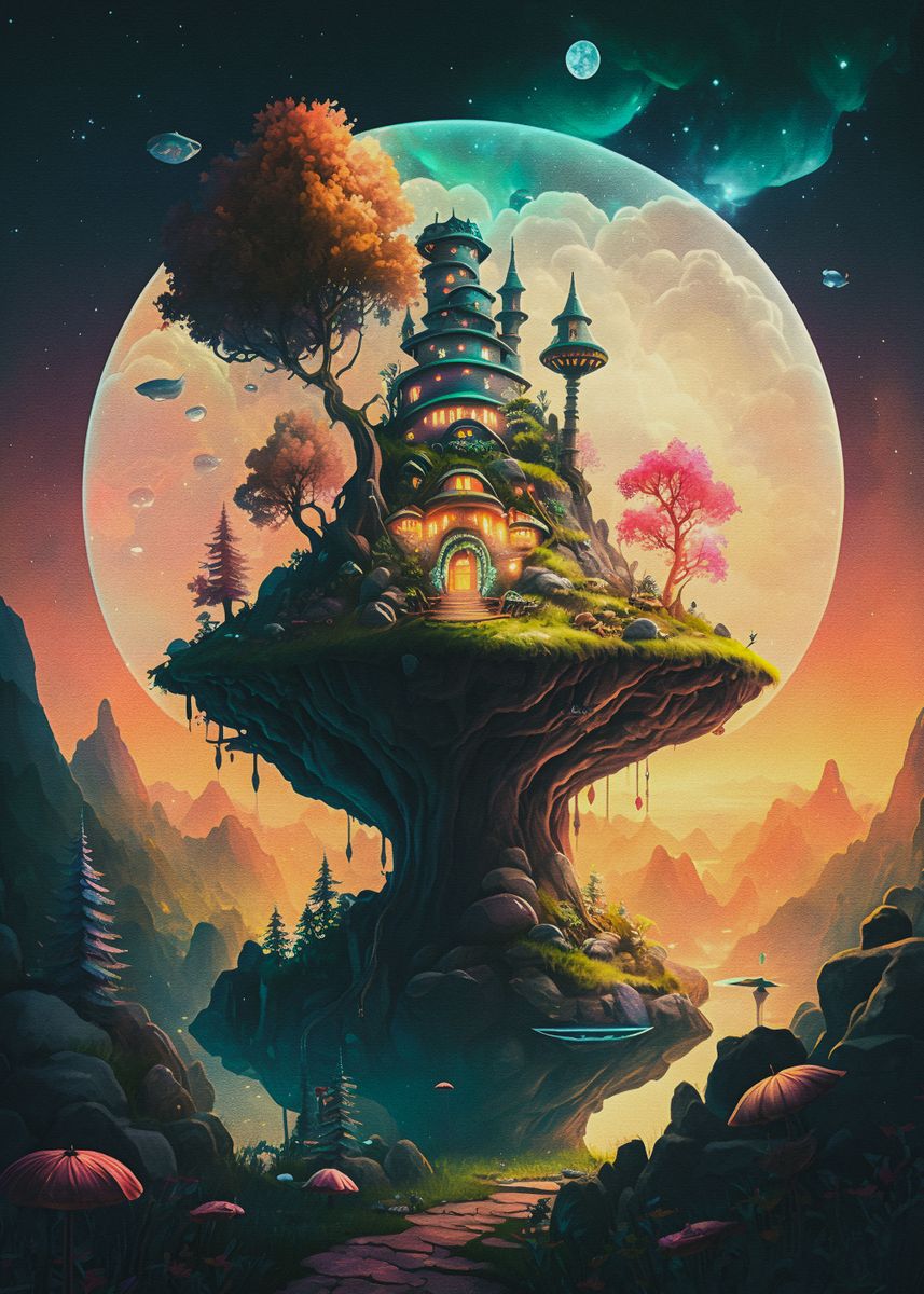 'Fantasy Floating castle' Poster, picture, metal print, paint by Muhammad Irsan | Displate