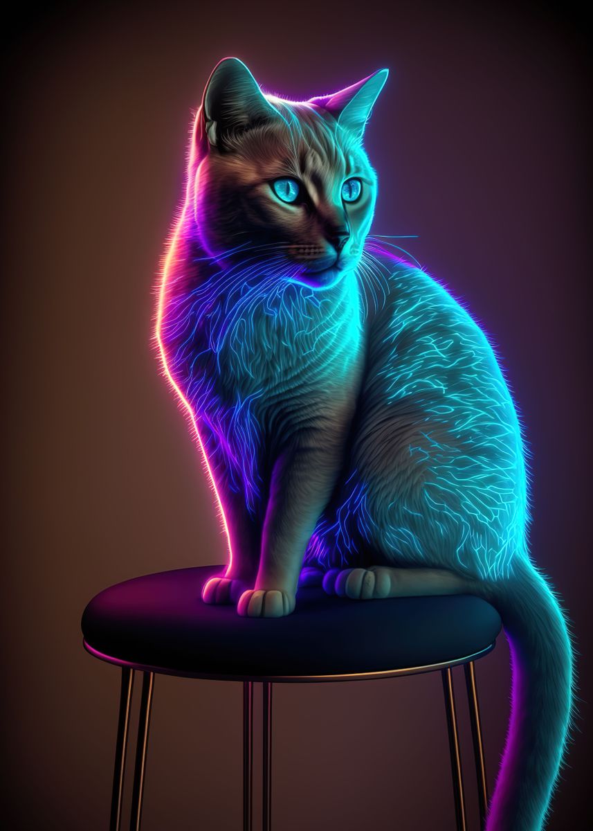 'Colorful Neon Cat' Poster, picture, metal print, paint by MAD SPACE ...