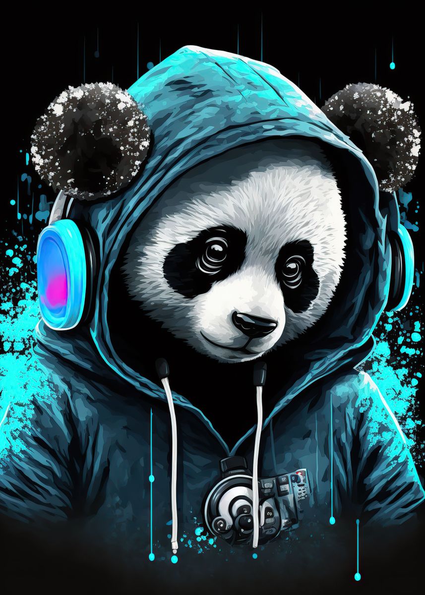 'Panda listening to music' Poster, picture, metal print, paint by ...