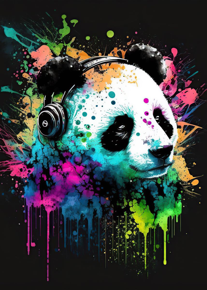 'Panda listening to music' Poster, picture, metal print, paint by ...
