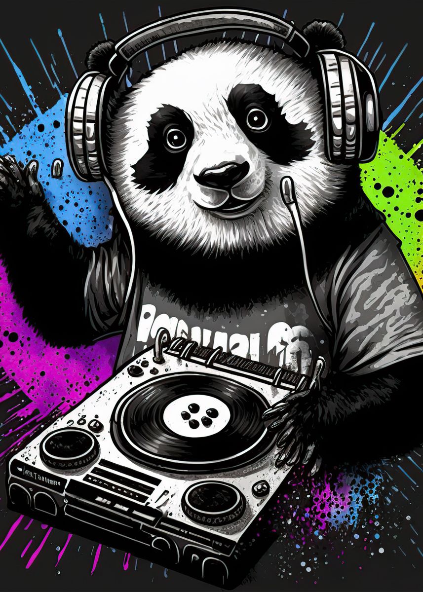 'Panda listening to music' Poster, picture, metal print, paint by ...